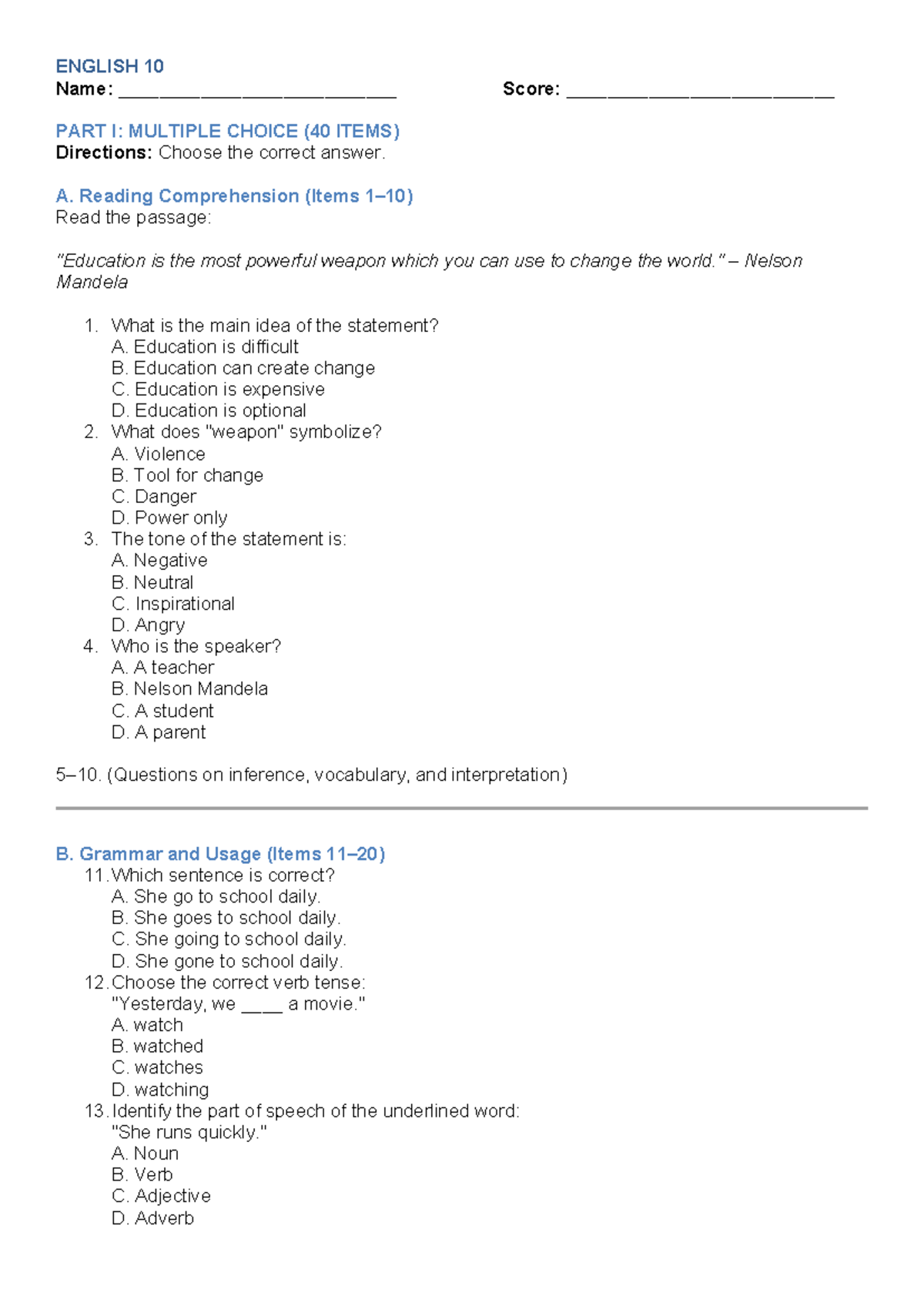 ENGLISH 10 Final Exam: Reading, Writing, and Literature Skills Test ...