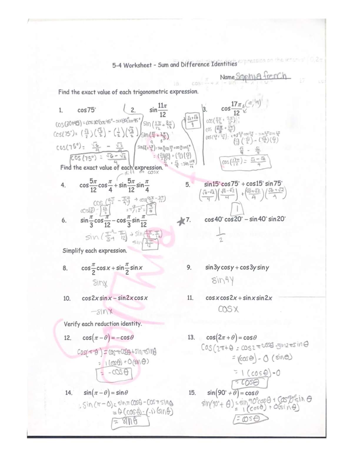5-4 Worksheet: Sum and Difference Identities Trigonometric Expressions ...