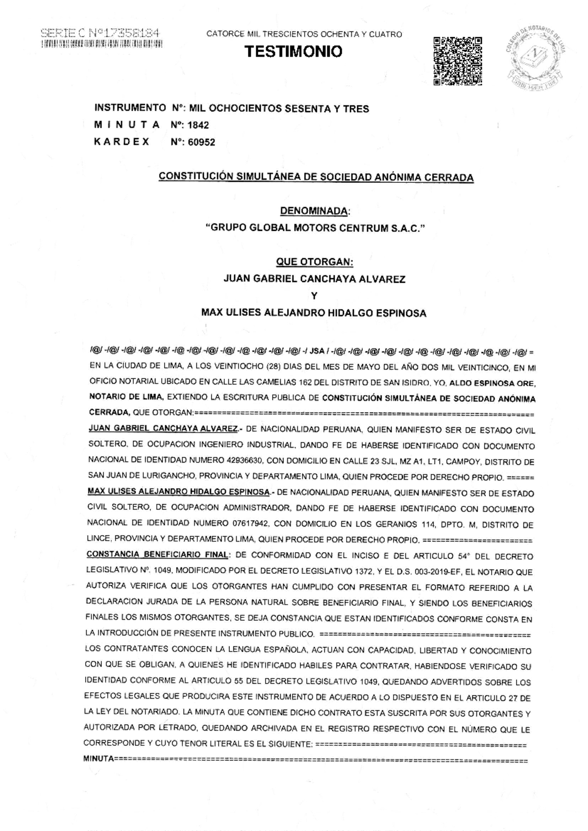 Testimonio Notarial K60952 - Escritura Pública 2025 - Studocu
