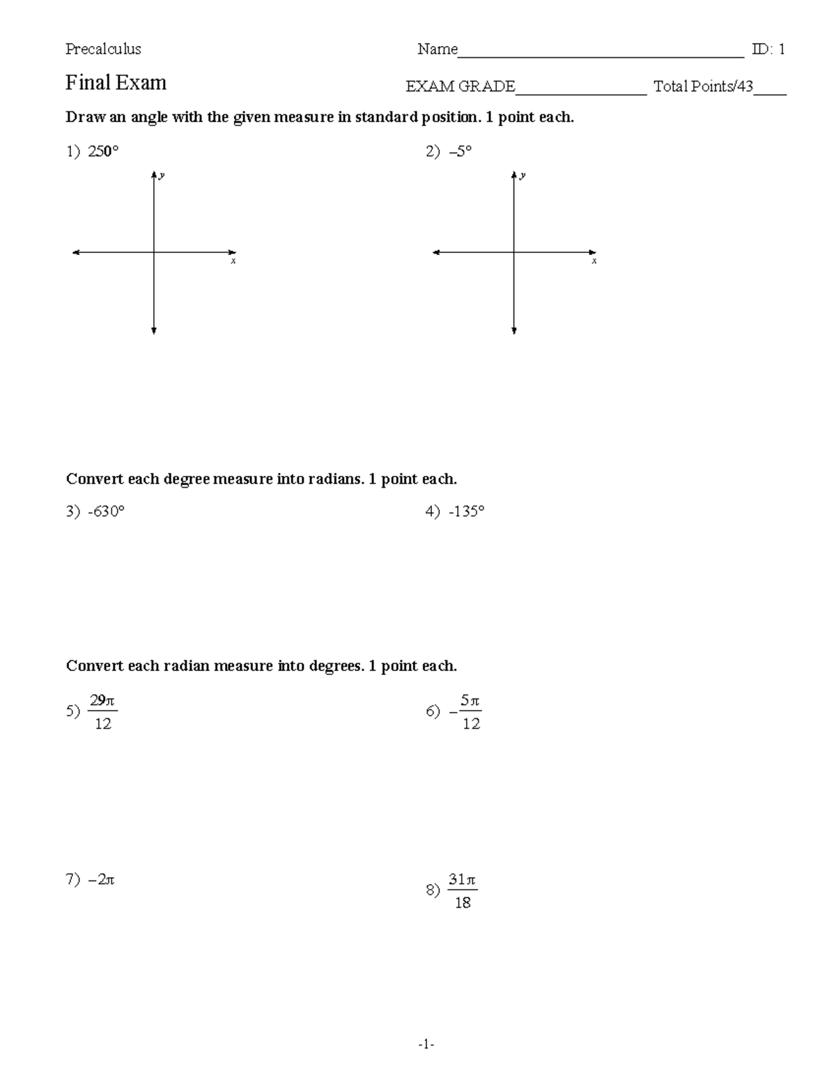 Pre-Calc MATH 101 Final Exam Basic Skills Review Worksheet - Studocu