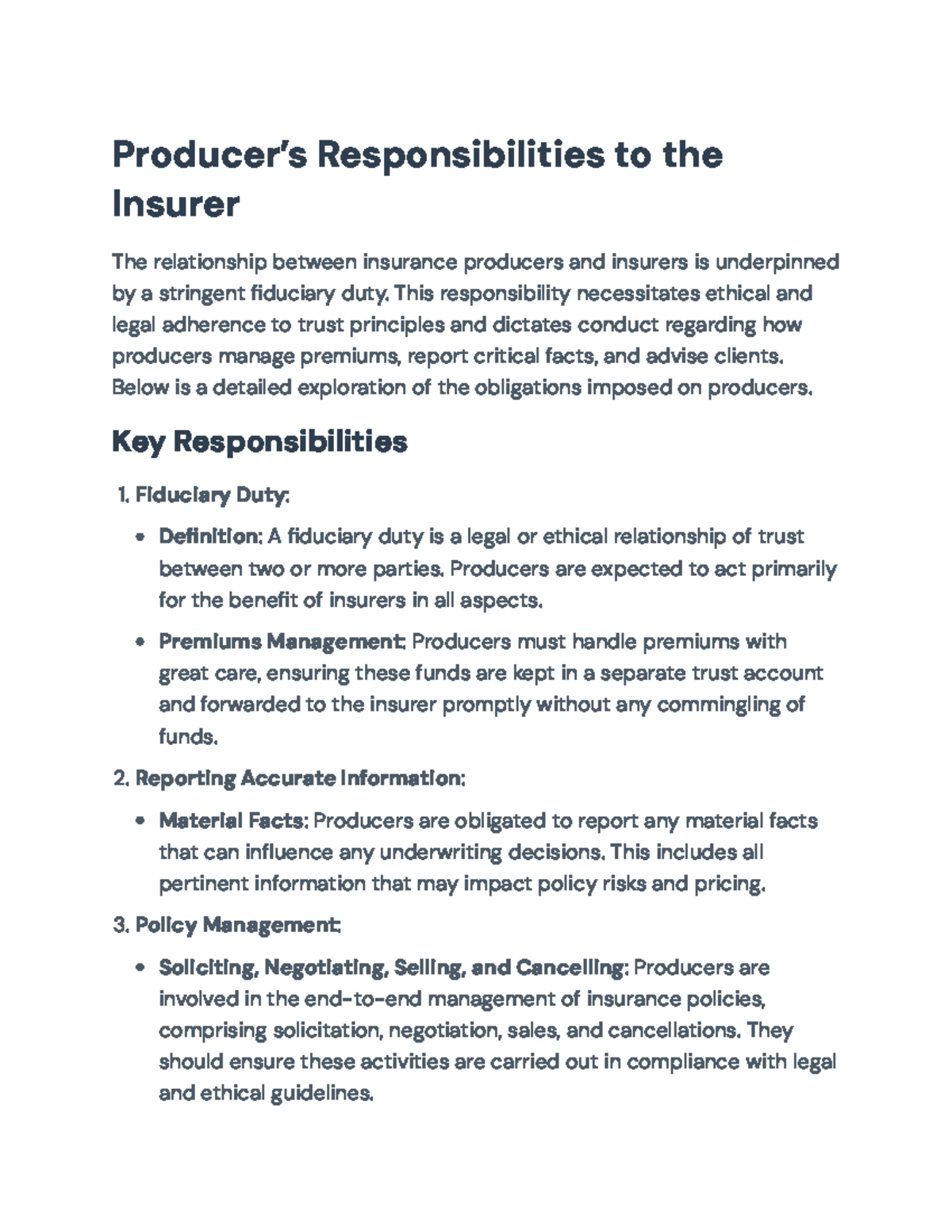 Producer Responsibilities and Ethical Duties to Insurers: A Guide - Studocu