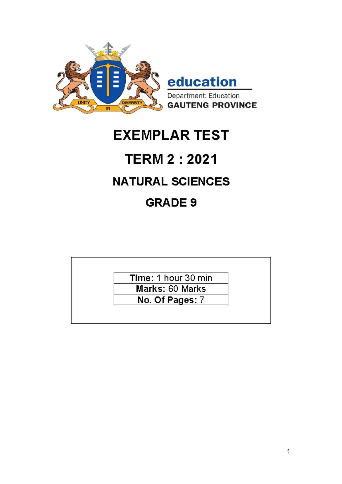 Grade 9 Natural Sciences Exemplar Test Term 2 2021 - Studocu