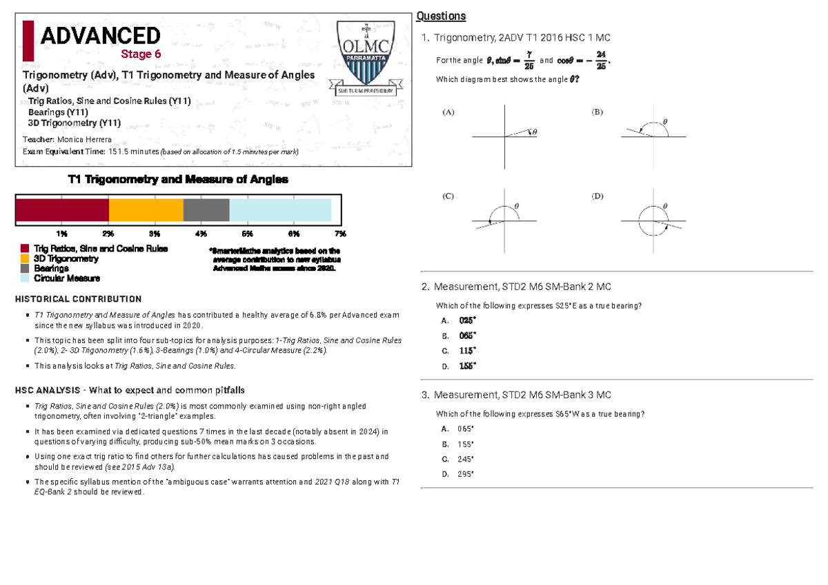 T1 Advanced Trigonometry Exam Analysis and Practice Questions - Studocu