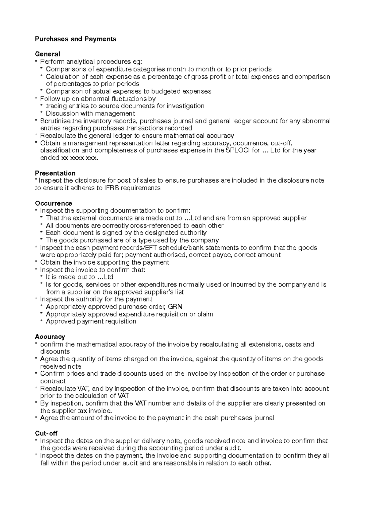 Substantive Procedures for Purchases and Payments - Audit Guide - Studocu