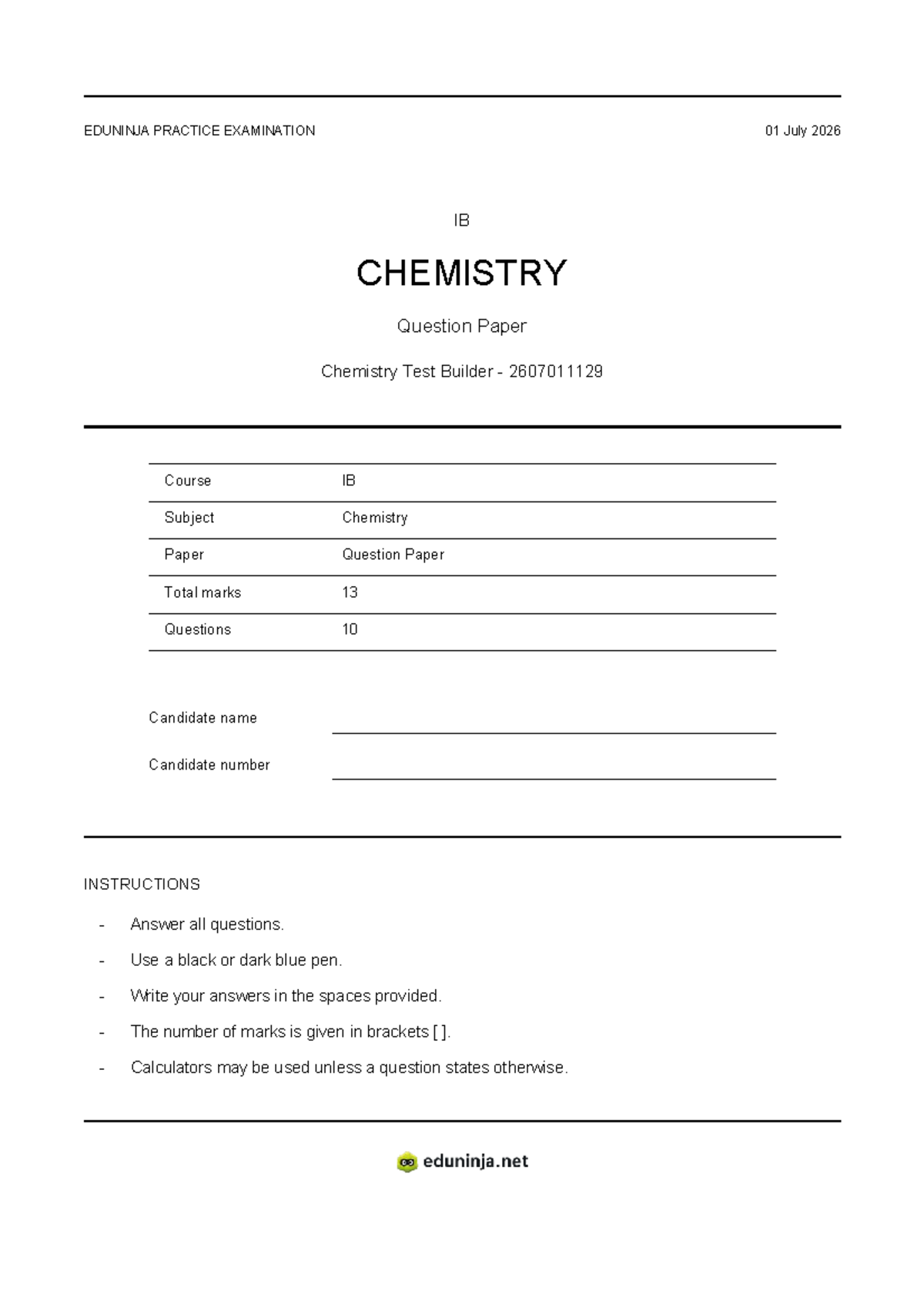 IB Chemistry HL Final Exam: Redox & Oxidation Numbers Practice - Studocu