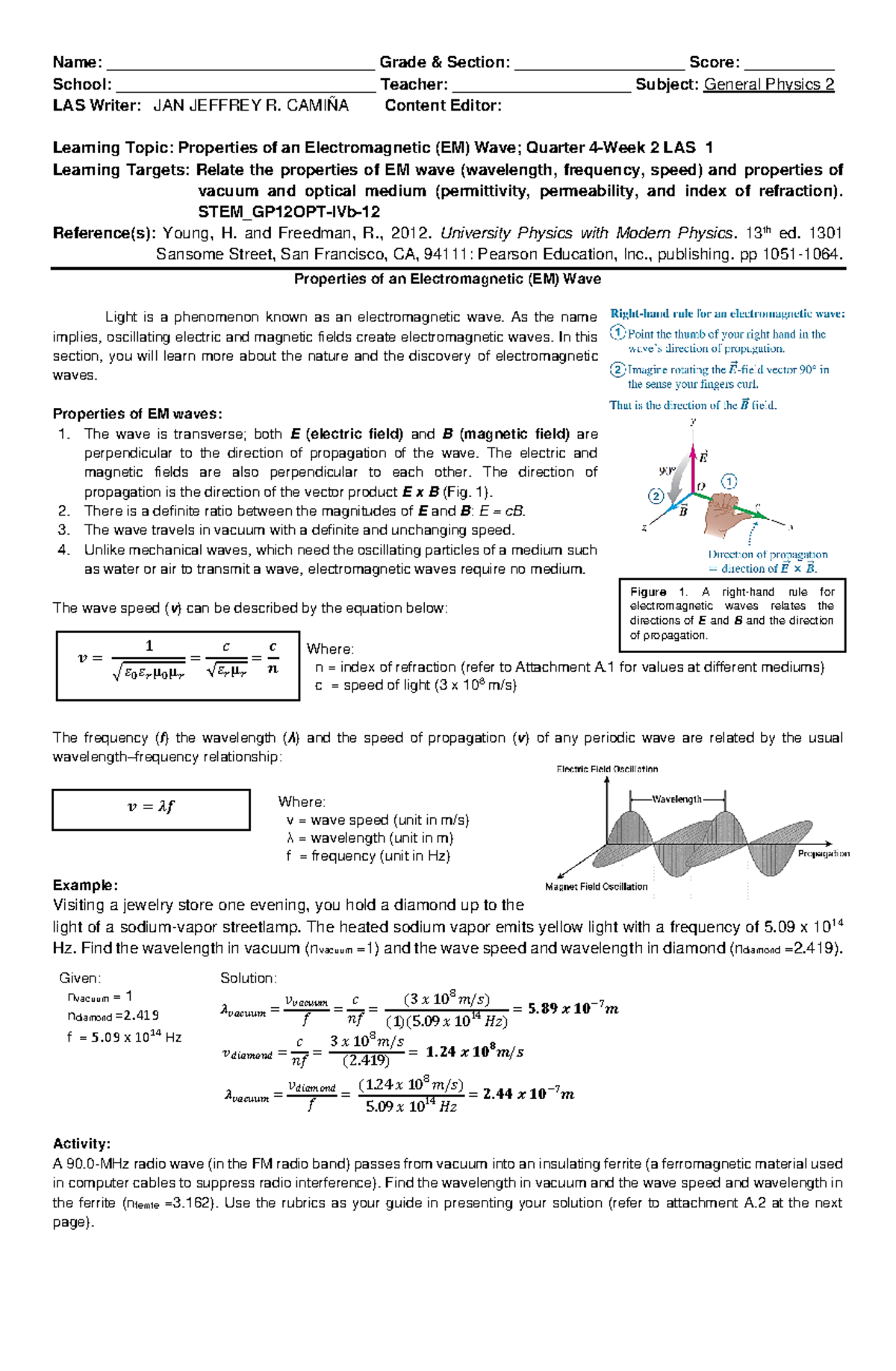 Q4 Wk 2 LAS 1: Properties of Electromagnetic (EM) Waves in Physics - Studocu
