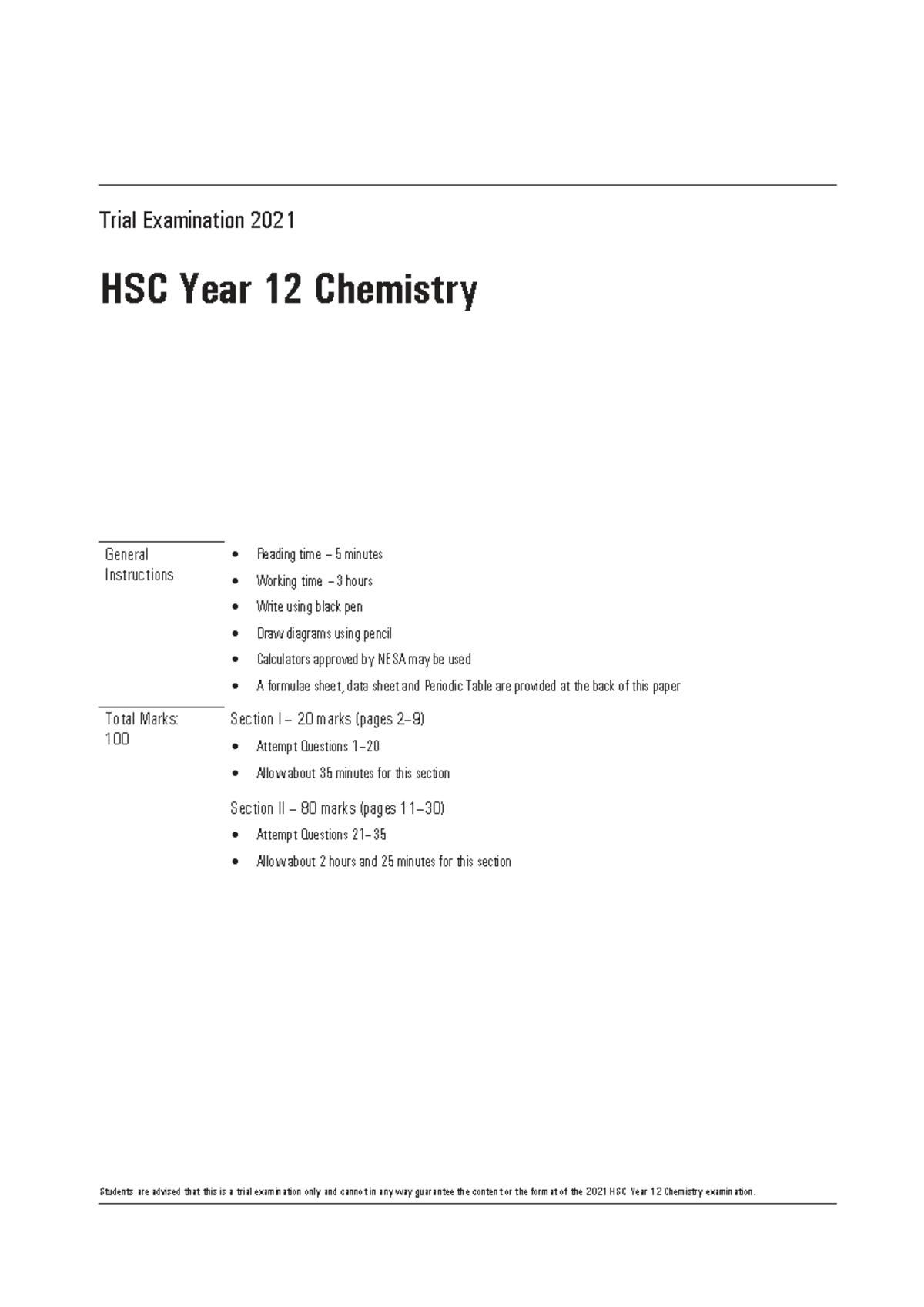 HSC Year 12 Chemistry Trial Exam 2021 - Practice Paper 2 - Studocu
