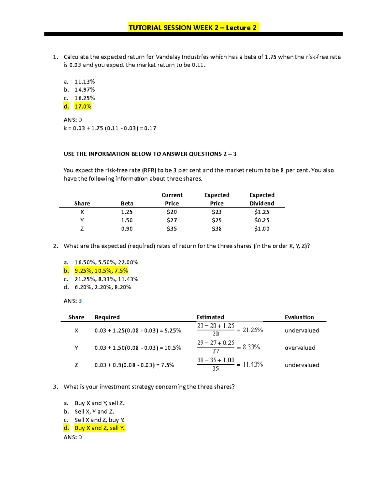 Tutorial Questions & Solutions for Finance Concepts - JAN 2022 - Studocu