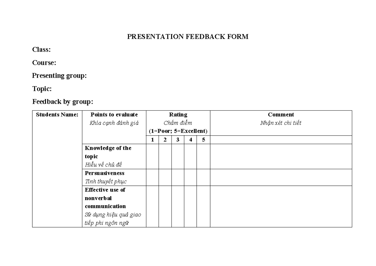 Presentation Feedback Form - PRESENTATION FEEDBACK FORM Class: Course ...