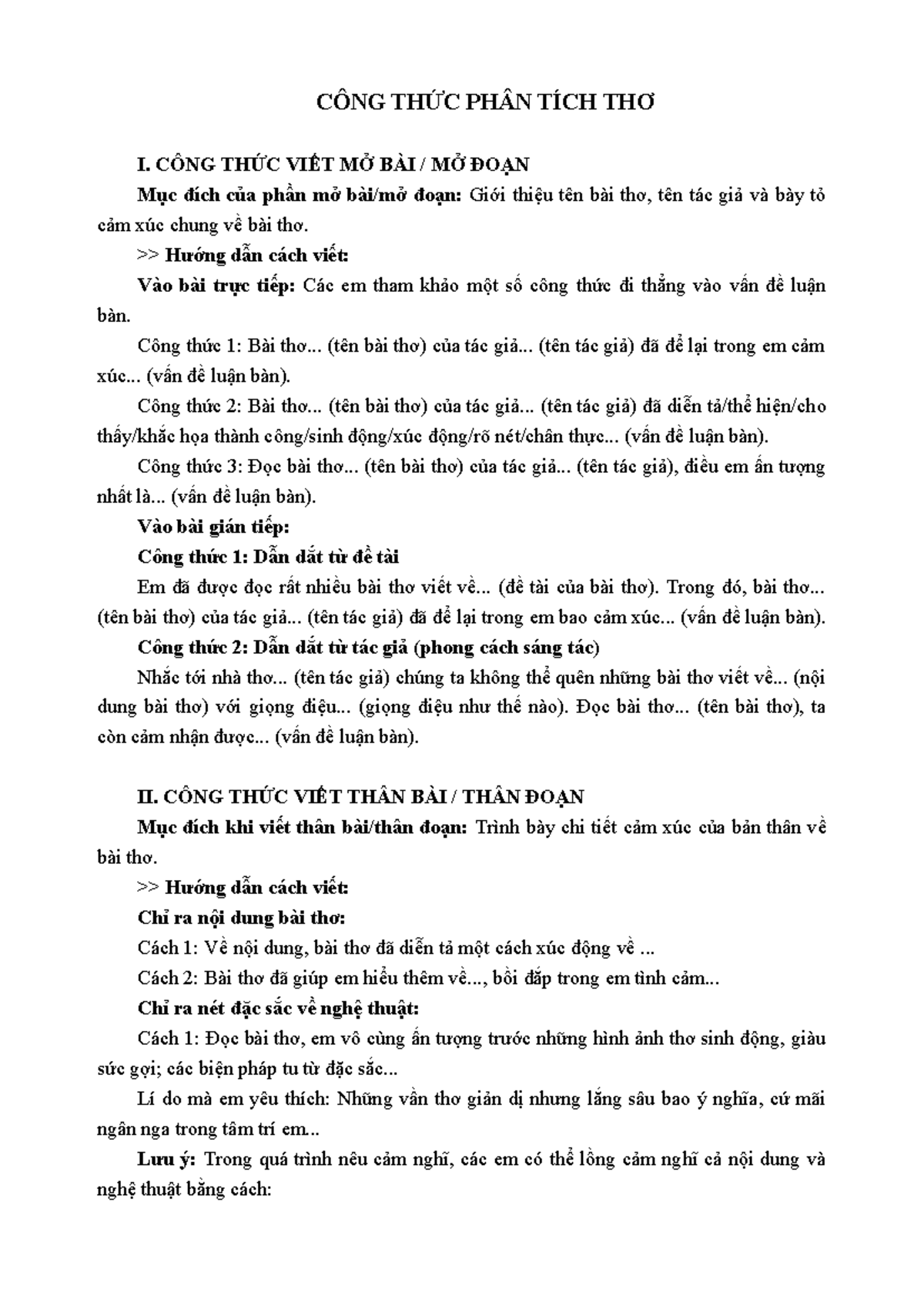 CÔNG THỨC PHÂN TÍCH THƠ I: HƯỚNG DẪN VIẾT MỞ BÀI VÀ KẾT BÀI - Studocu
