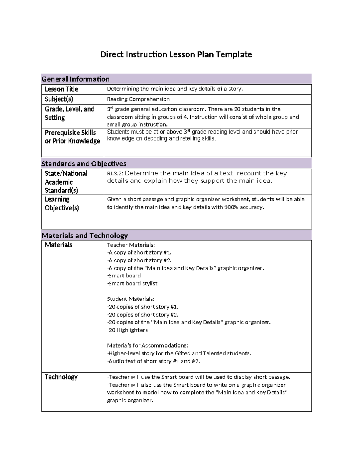 LYM2 - Direct Instruction Lesson Plan: Main Idea & Key Details for 3rd ...