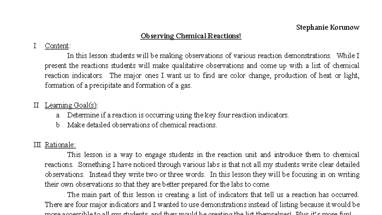 Observing Chemical Reactions LAP: Key Indicators & Student Engagement ...