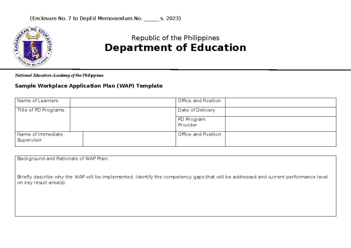 Sample Workplace Application Plan (WAP) Template - DepEd 2023 - Studocu