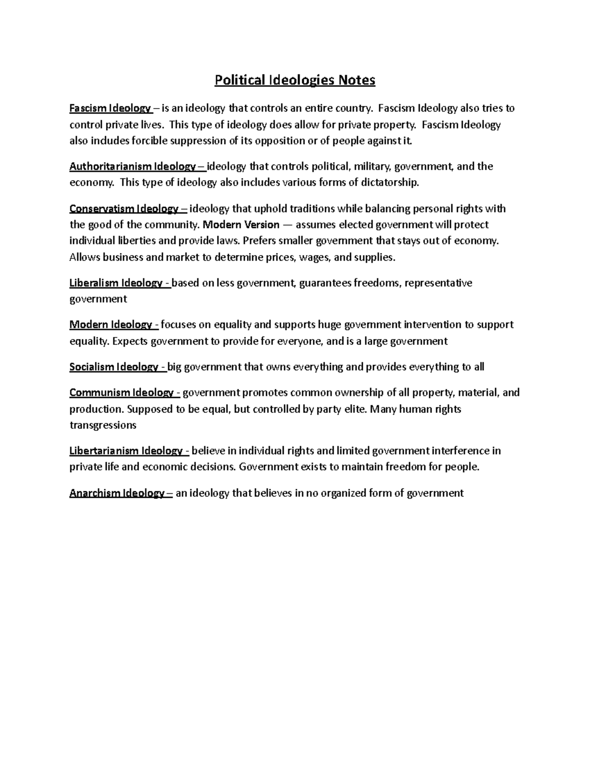 Political Ideologies Notes - Overview of Key Beliefs and Concepts - Studocu