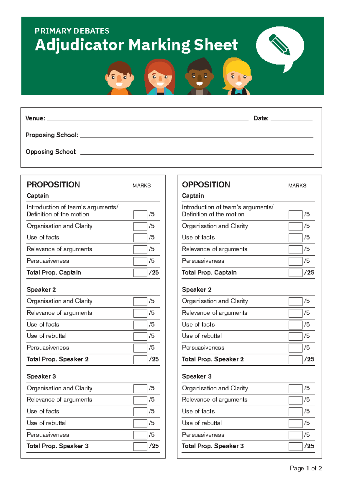 PRIMARY DEBATES Adjudicator Marking Sheet Template - Studocu