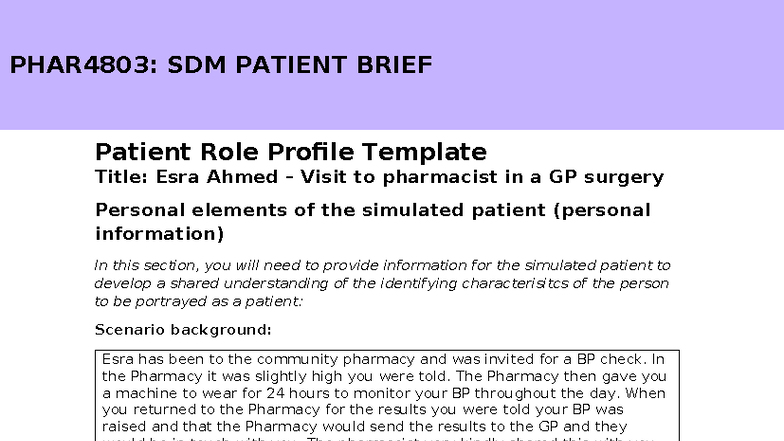 PHAR4803: SDM PATIENT BRIEF - Esra Ahmed's Pharmacist Visit - Studocu