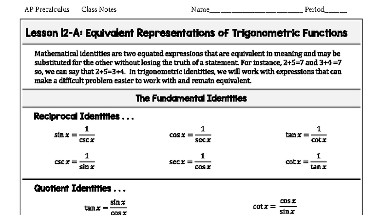 AP Precalculus Lesson Notes: Fundamental Trig Identities & Verification ...