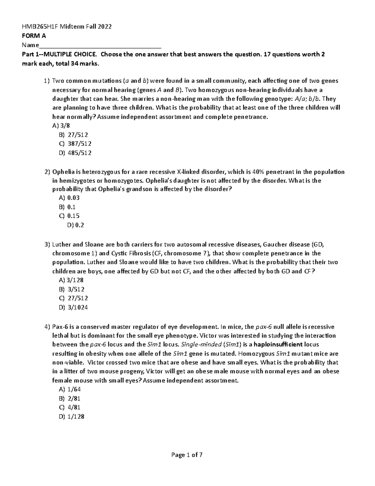 UOFT HMB265H1F 2022 Past Midterm Exam Form A Answers & Solutions - Studocu