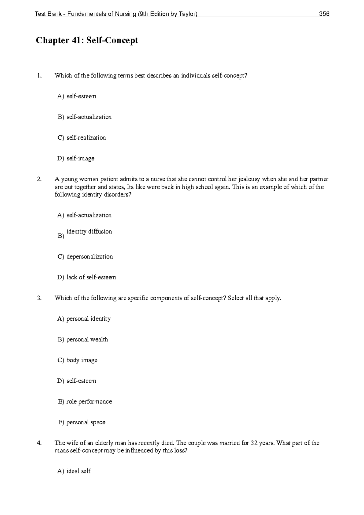 Fundamentals of Nursing 3 chapters study questions - Chapter 41: Self ...