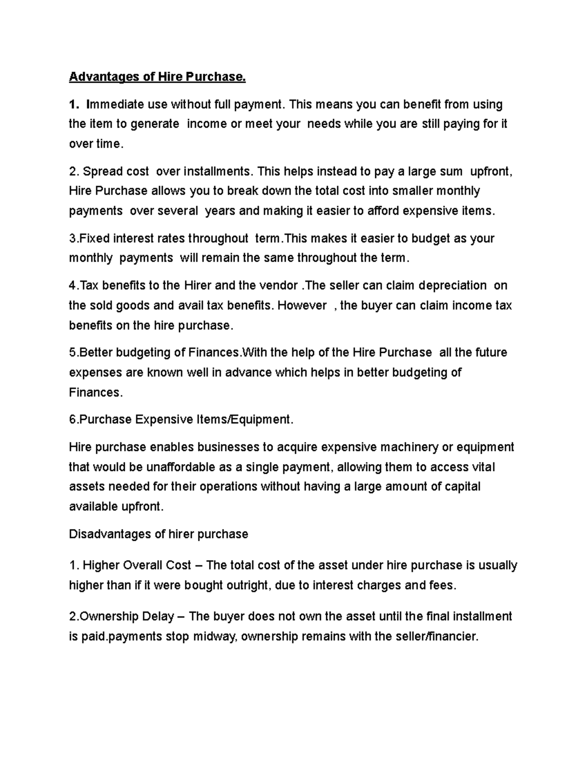 Group B2 - Hire Purchase Advantages and Disadvantages Notes - Studocu