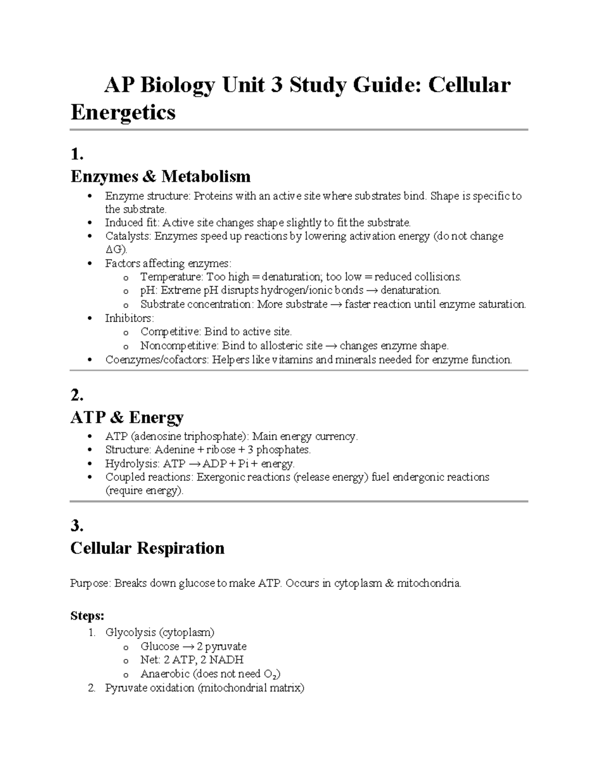 AP Biology Unit 3 Study Guide: Cellular Energetics and Metabolism - Studocu