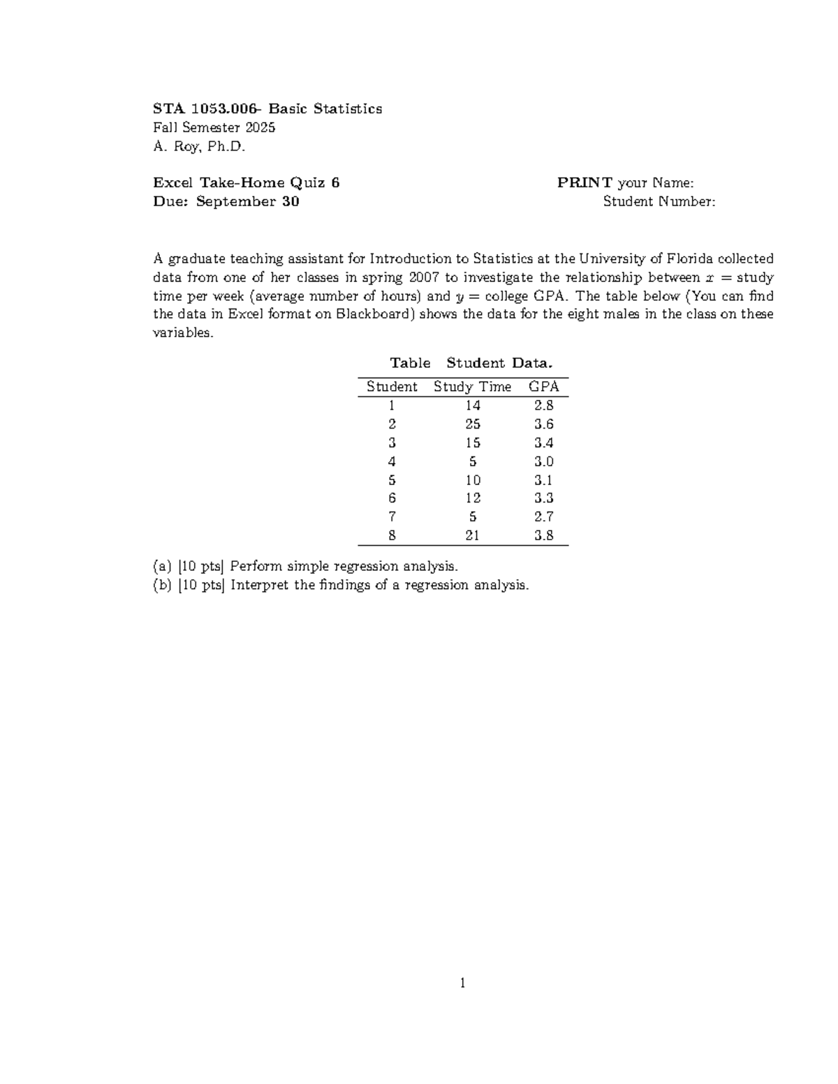 STA 2023 Basic Statistics Fall 2025 Excel Quiz 6 Analysis - Studocu
