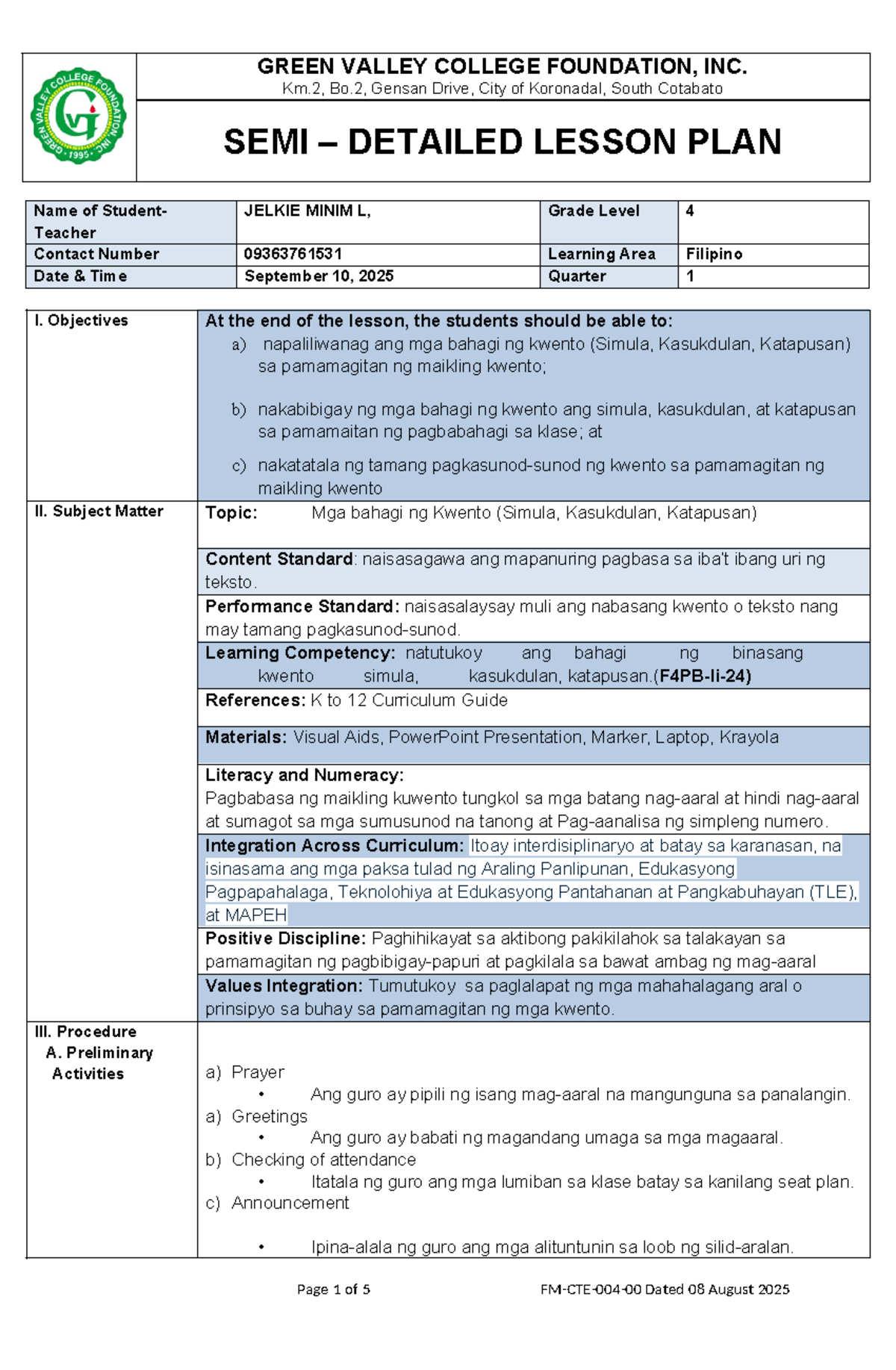 CTE SEMI DETAILED LESSON PLAN: Mga Bahagi ng Kwento para sa Baitang 4 ...