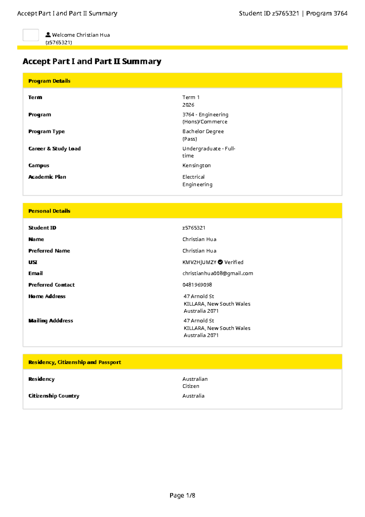 UNSW Engineering Program 3764 Acceptance Summary (Part I & II) - Studocu