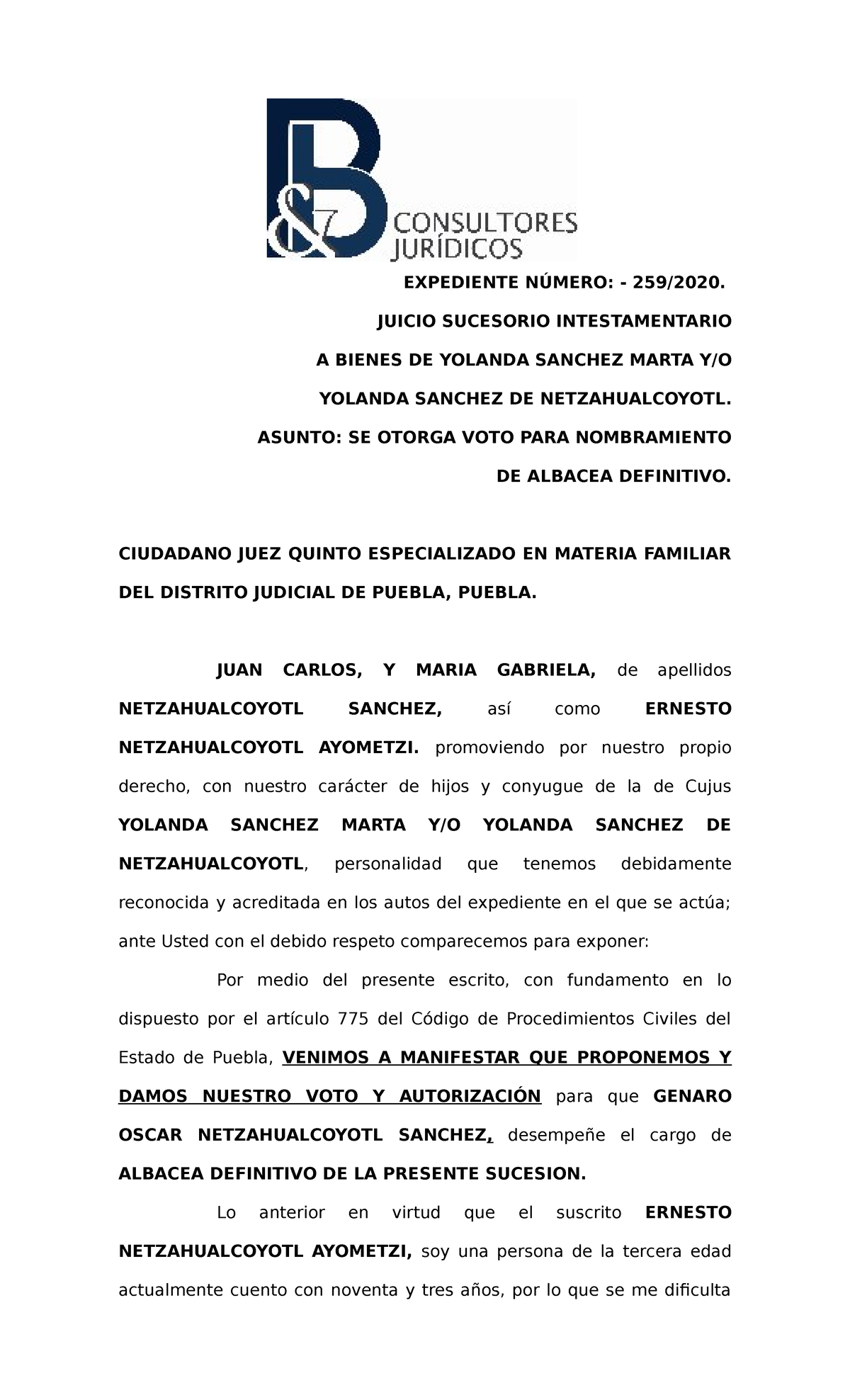 Voto para Nombramiento de Albacea Definitivo - Exp. 259/2020 - Studocu