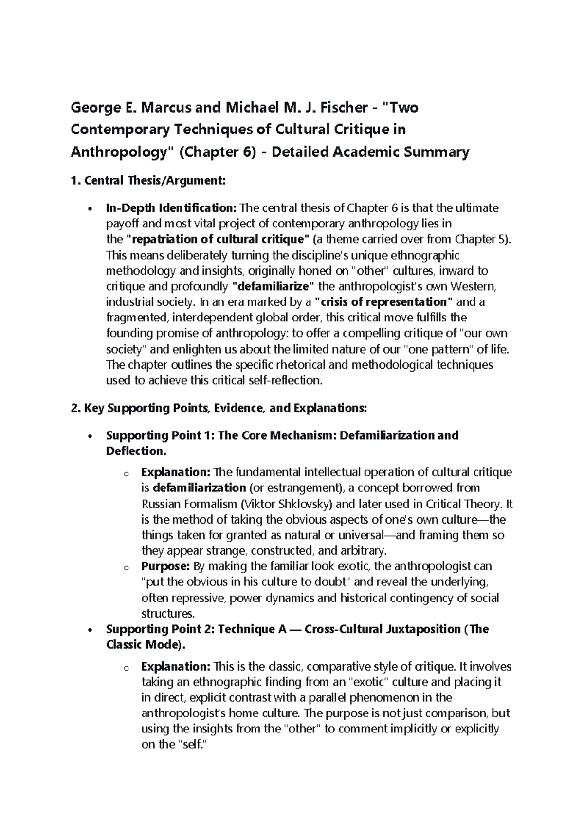 Marcus and Fischer's Cultural Critique Techniques (Chapter 6) Summary ...