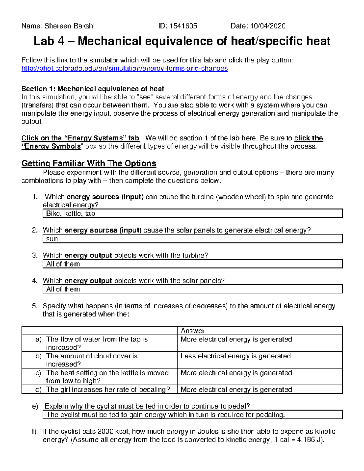 PHYSC100-2OA Lab 4: Mechanical Equivalence of Heat & Specific Heat ...