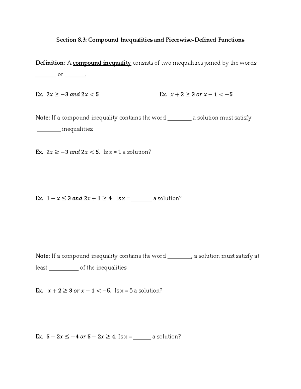 Lecture Notes: Compound Inequalities & Piecewise Functions - Studocu