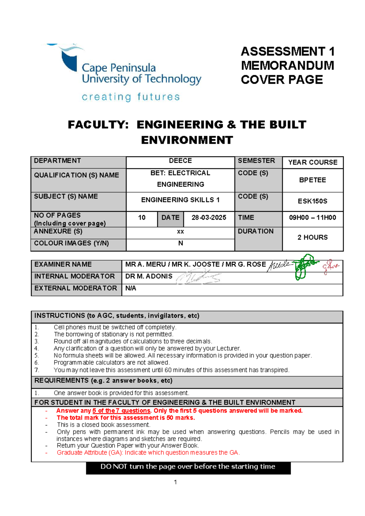 2025 ESK150S Test 1 Memo: Engineering Skills Assessment - Studocu