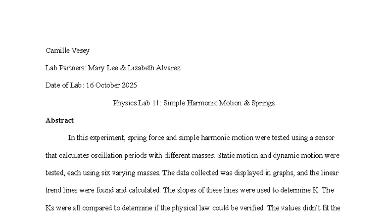 Physics Lab 11: Simple Harmonic Motion with Springs (Vesey Exp#11) - Studocu