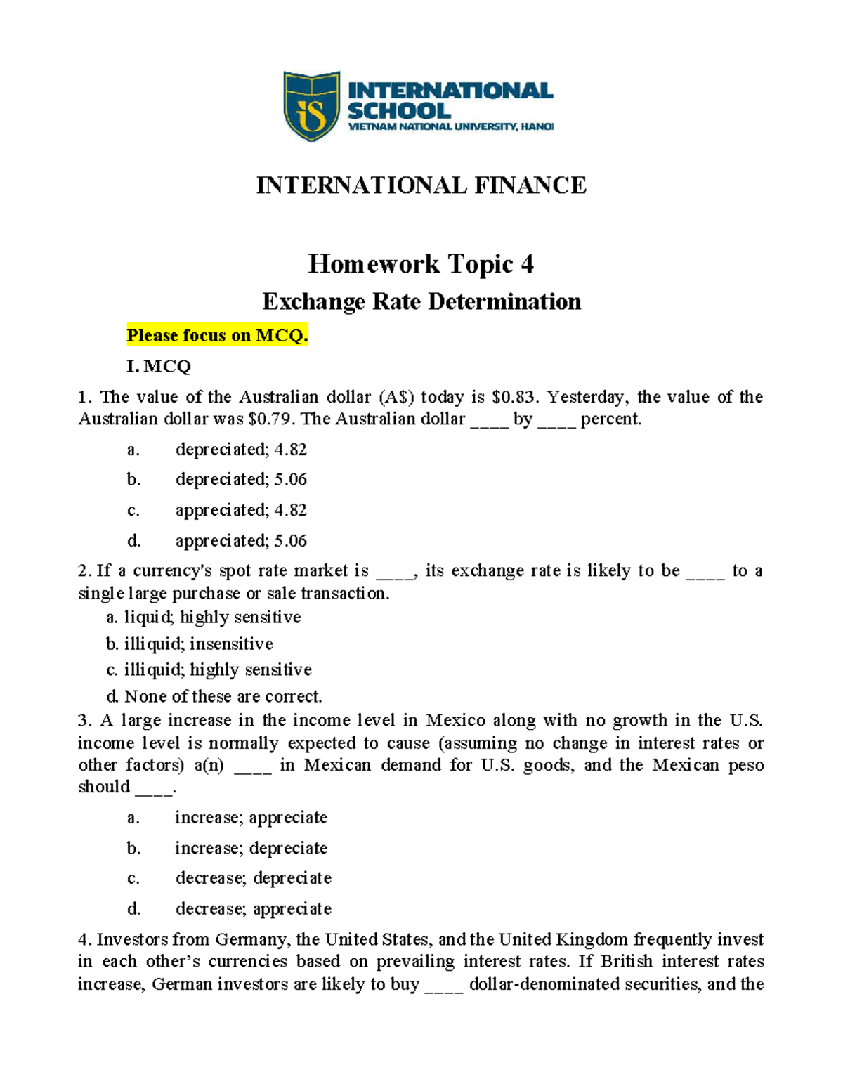 INTERNATIONAL FINANCE (FIN 301) Homework Topic 4: MCQs on Exchange Rate ...
