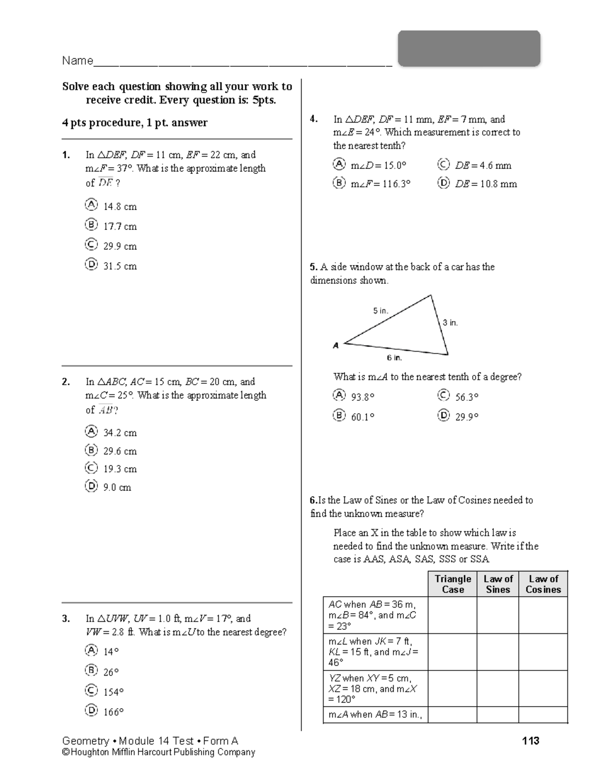 Geometry Module 14 Test Form A: Law of Sines & Cosines - Studocu