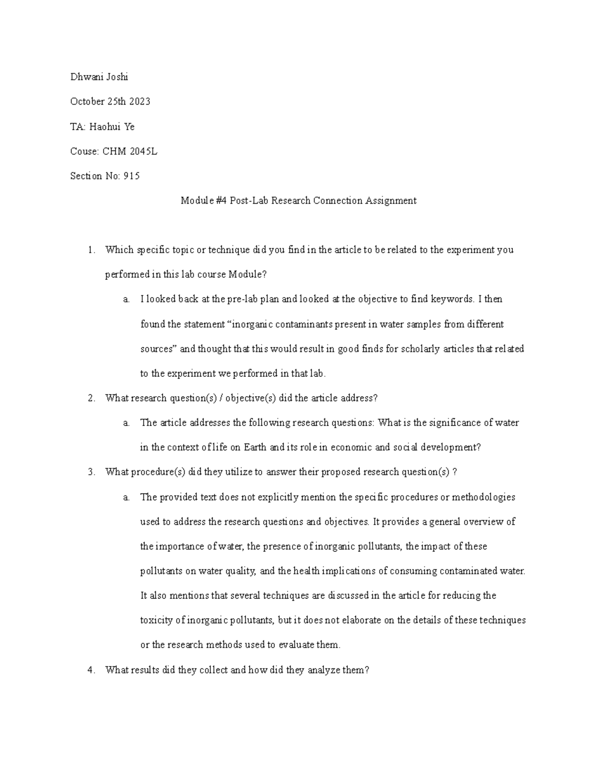 CHM 2045L Module #4 Post-Lab Research Connection Assignment - Studocu