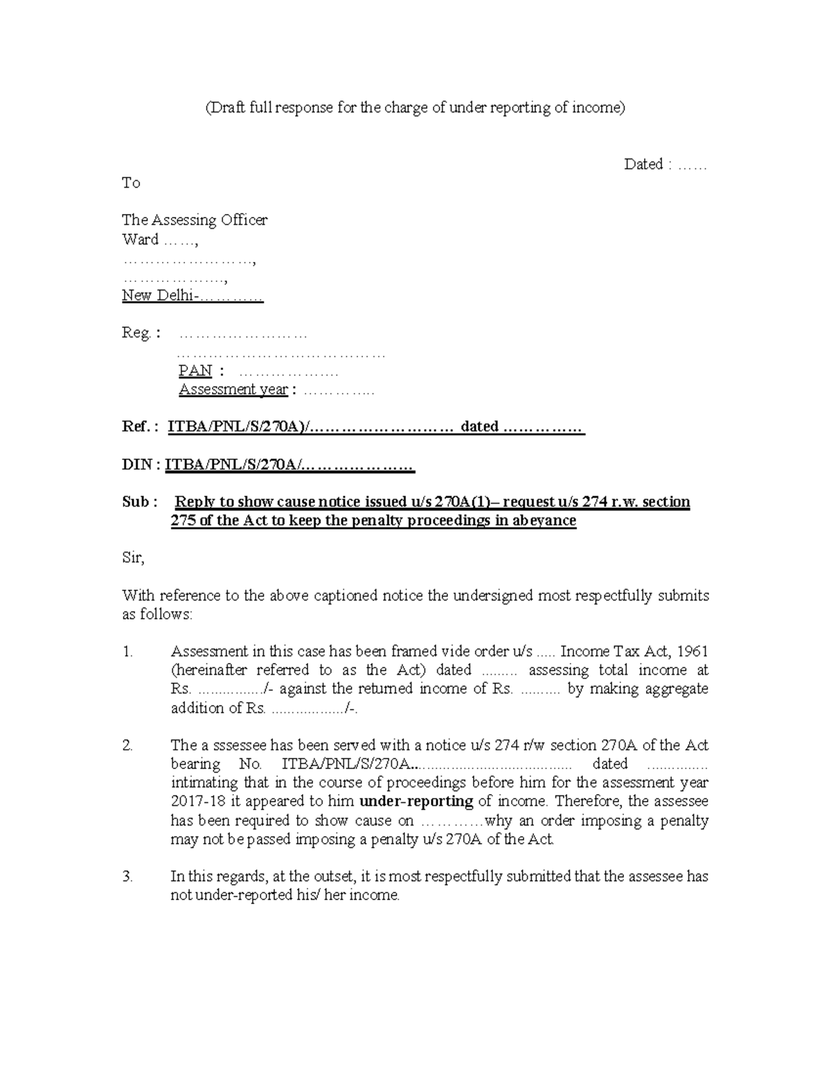 Draft Reply to Show Cause Notices for Income Tax Penalties (u/s 270A ...
