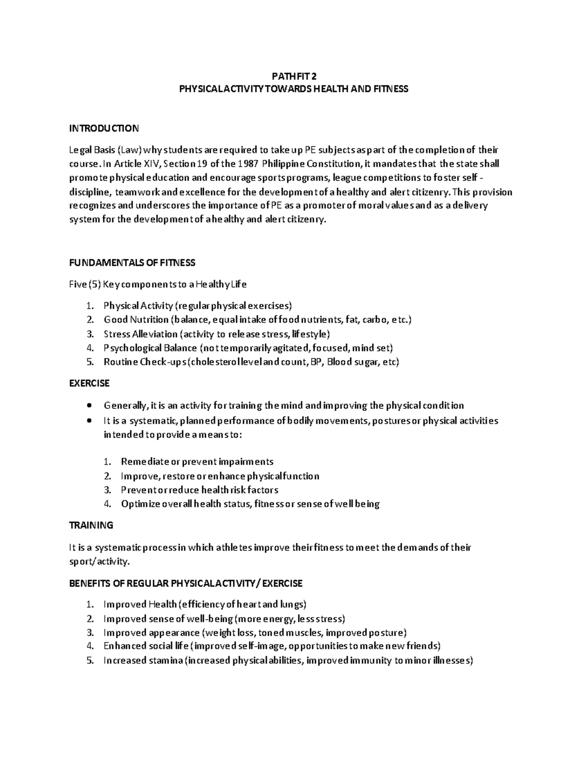 PATHFIT 2: Introductory Handouts on Physical Activity & Fitness - Studocu