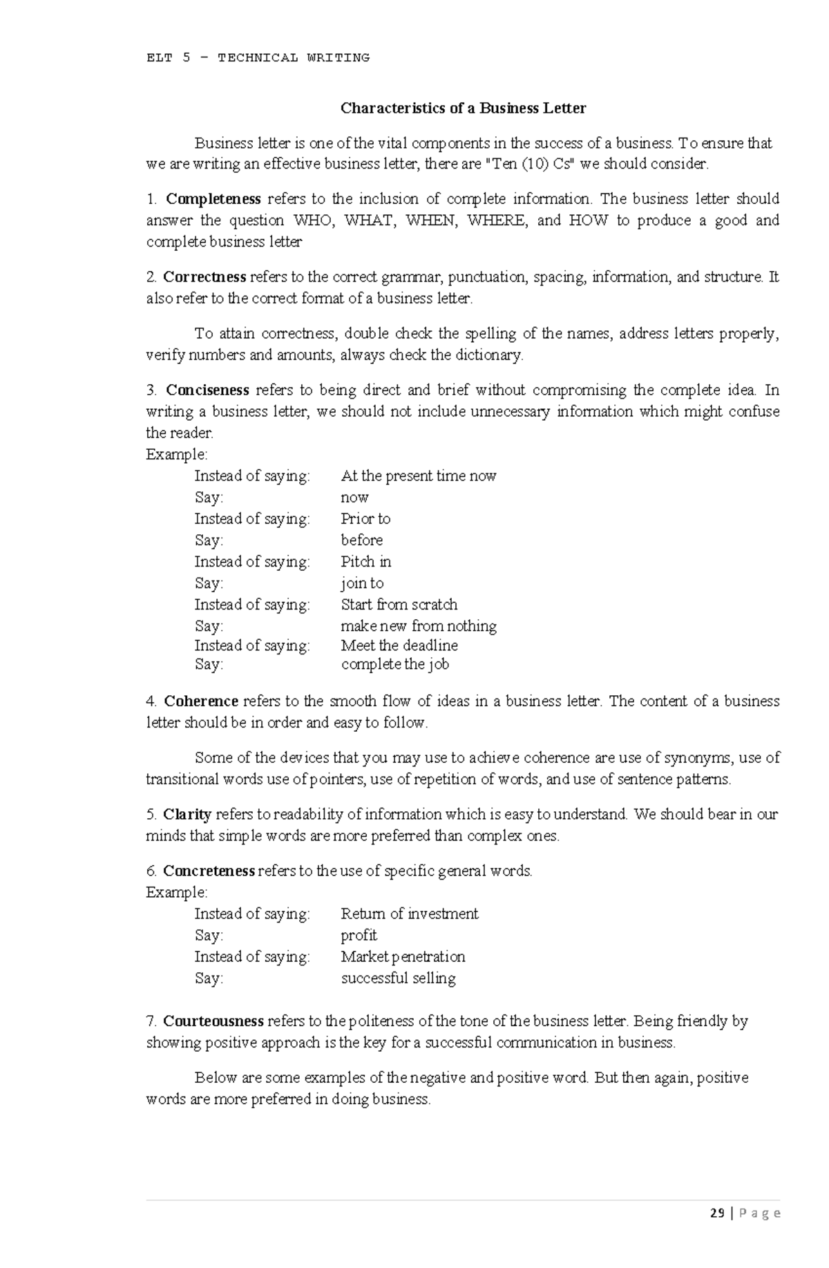 Technical Writing- Characteristics and Elements of a Buiness Letters ...