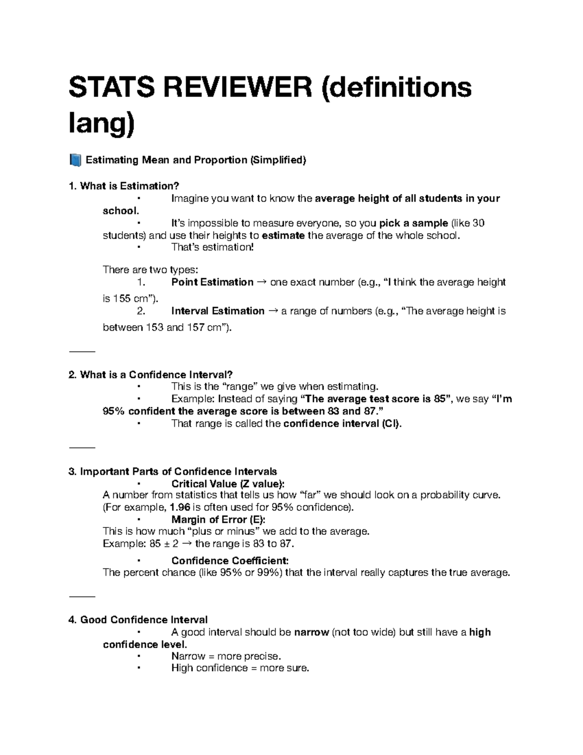 STATS 101: Estimation of Mean & Proportion - Key Concepts Review - Studocu