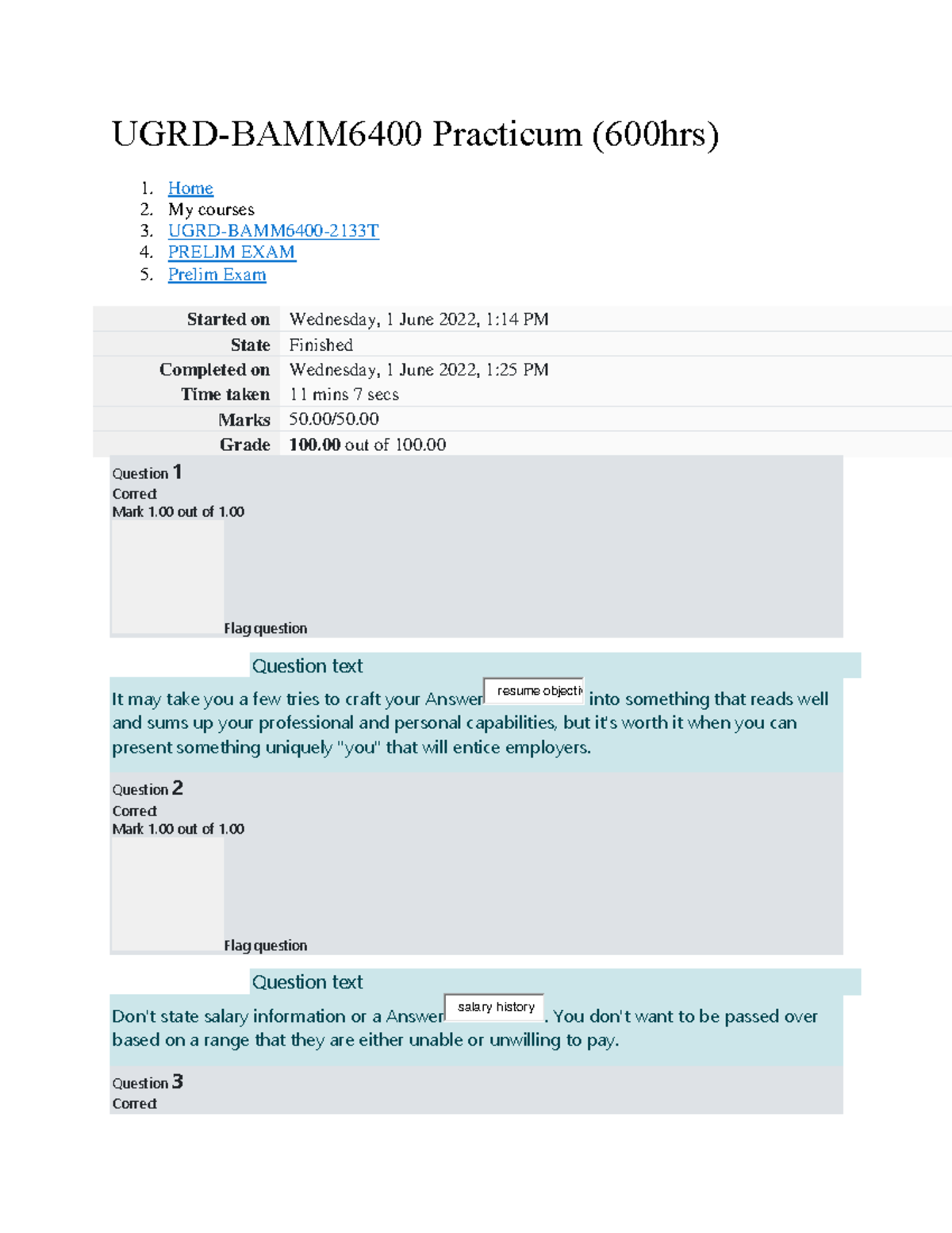 UGRD-BAMM6400 Practicum Final Exam (600hrs) Results Summary - Studocu