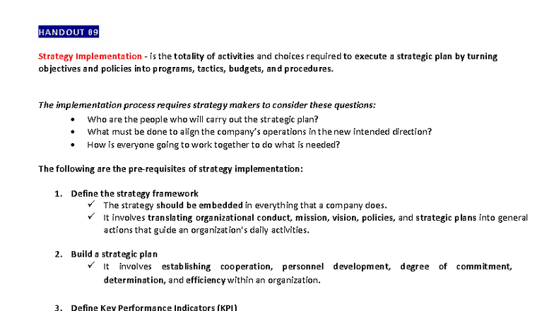 STRATEGY IMPLEMENTATION HANDOUT 09: Key Activities & Tactics - Studocu