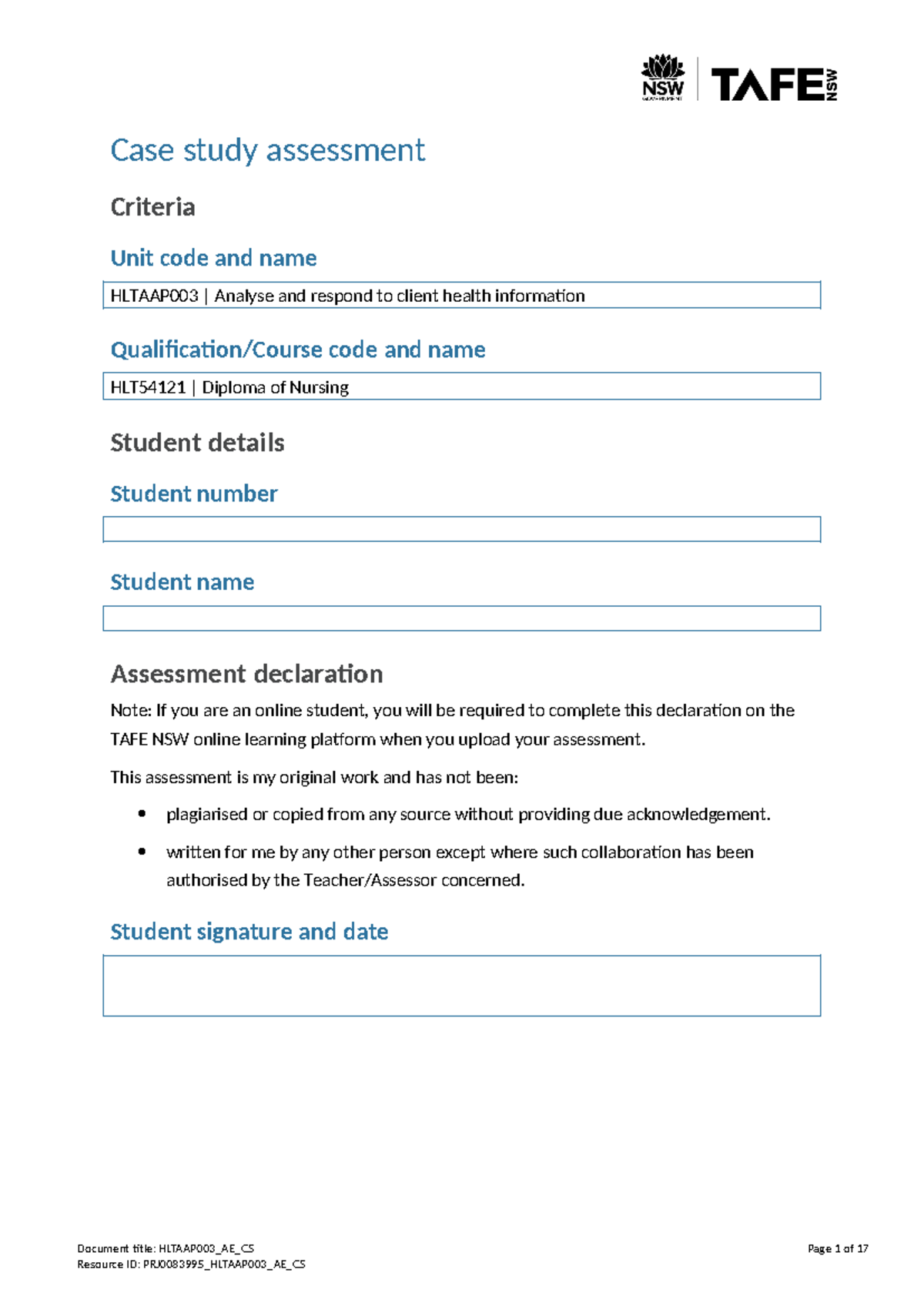 HLTAAP003 Case Study Assessment for Diploma of Nursing (HLT54121) - Studocu