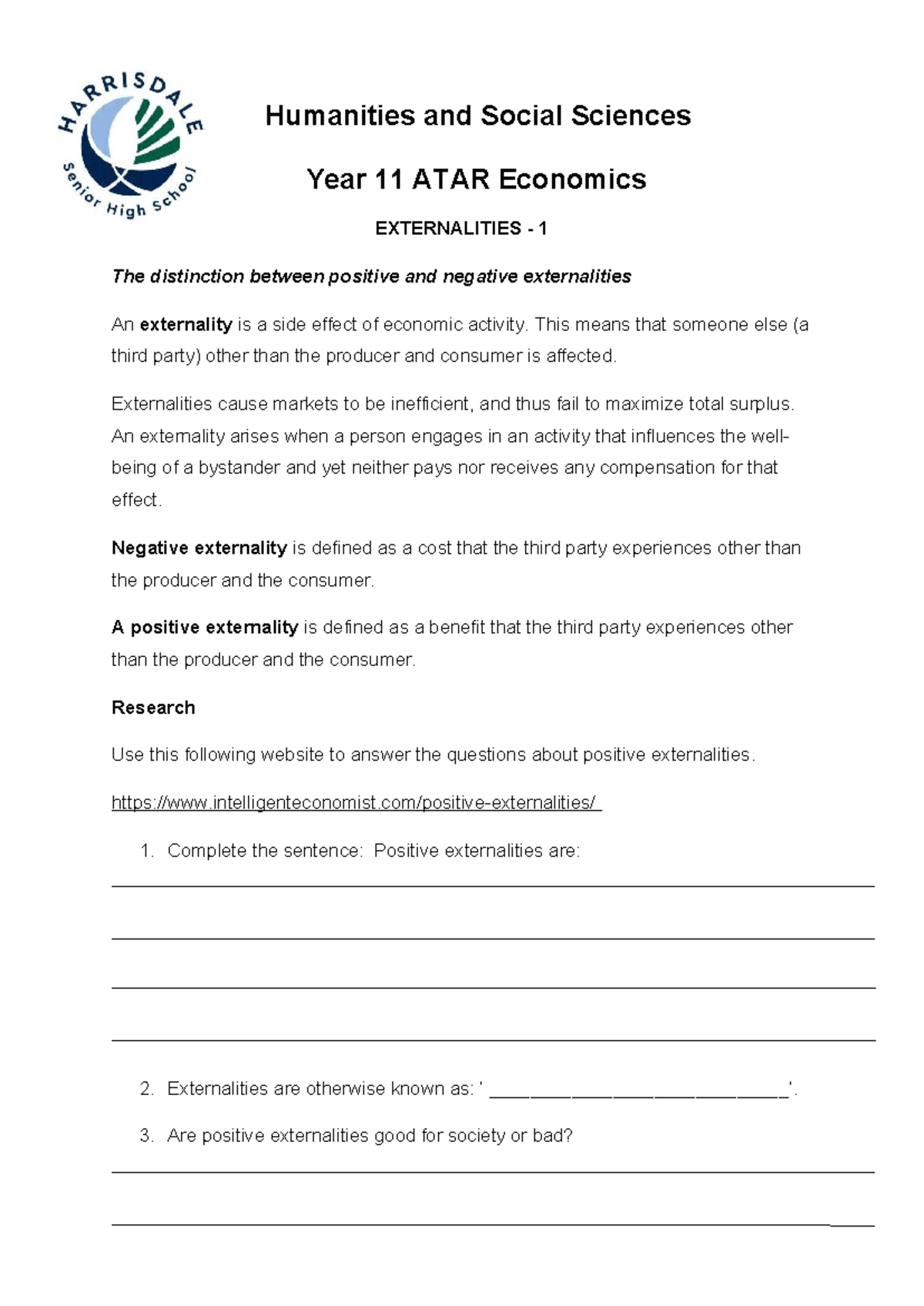 Externalities - Year 11 ATAR Econ Worksheet 1 Analysis and Research ...