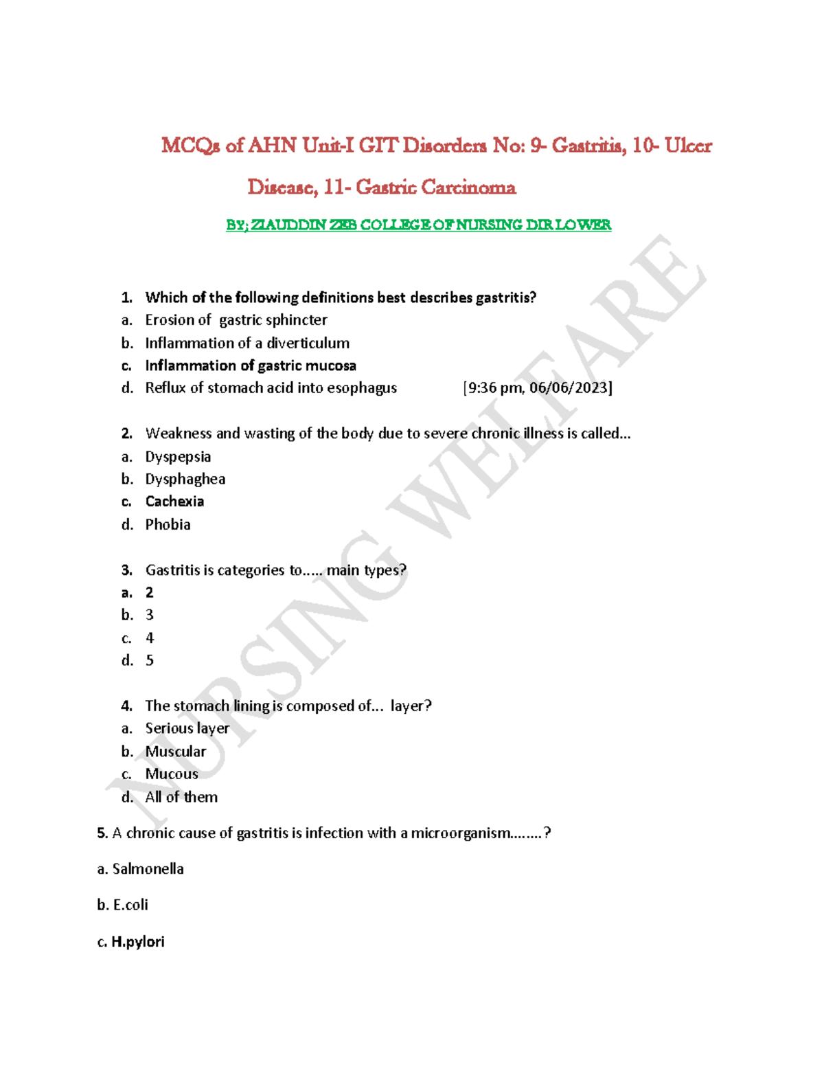 MCQs for AHN Unit-1: GIT Disorders - Gastritis, Ulcer Disease & Cancer - Studocu