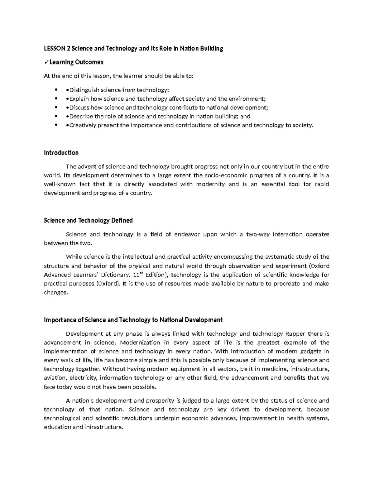 Lesson 2: The Impact of Science & Technology on Nation Building (STS ...