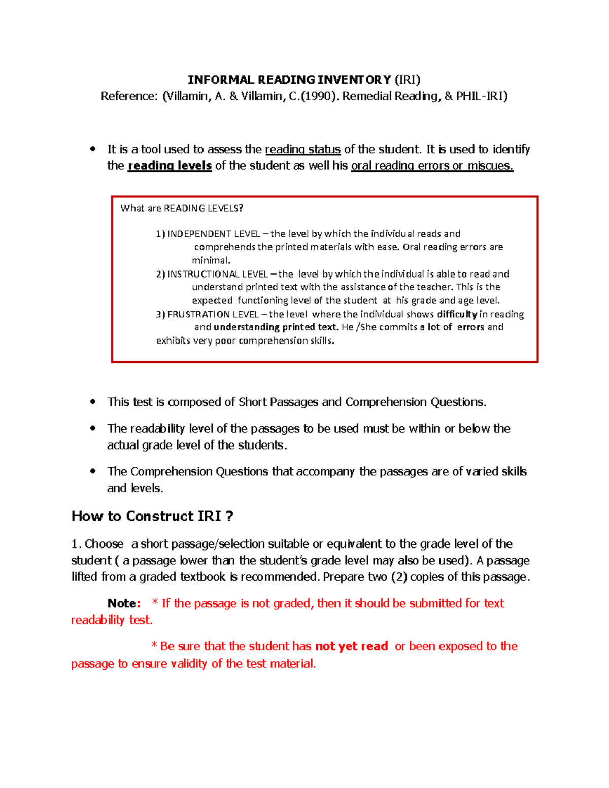 **Informal Reading Inventory (IRI) Guide and Assessment Tools** - Studocu