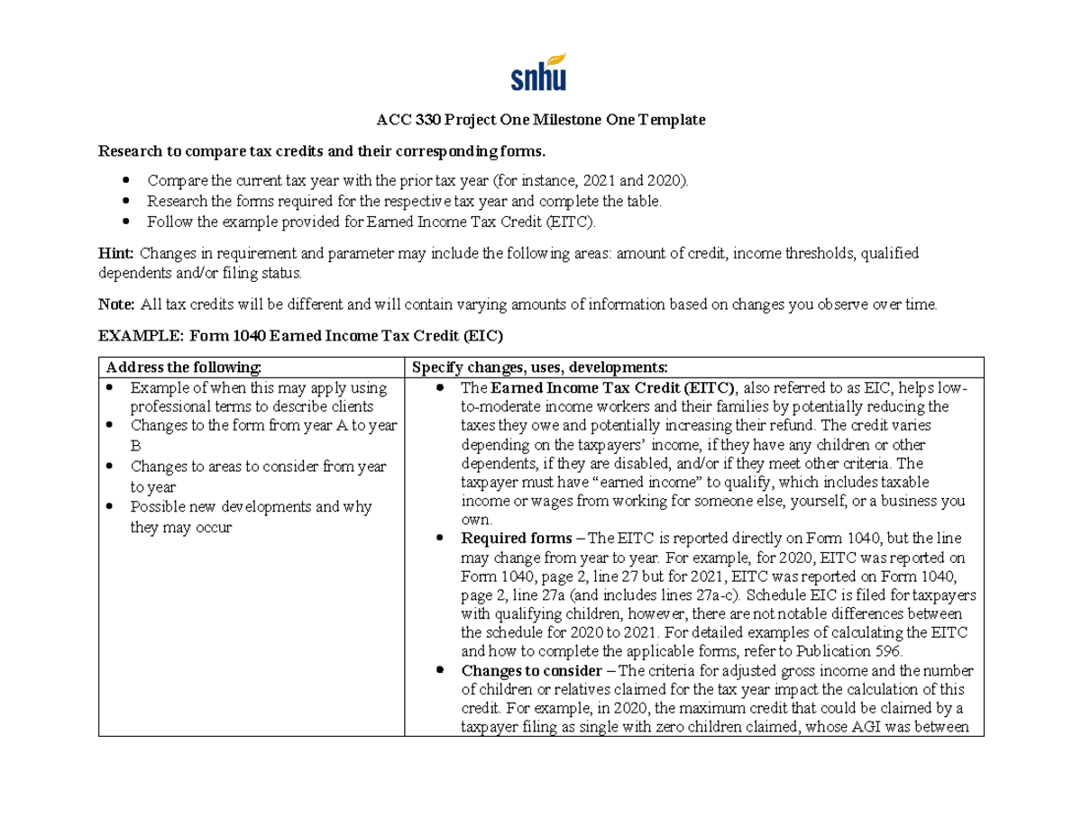 ACC 330 Project One Milestone One Template - ACC 330 Project One ...