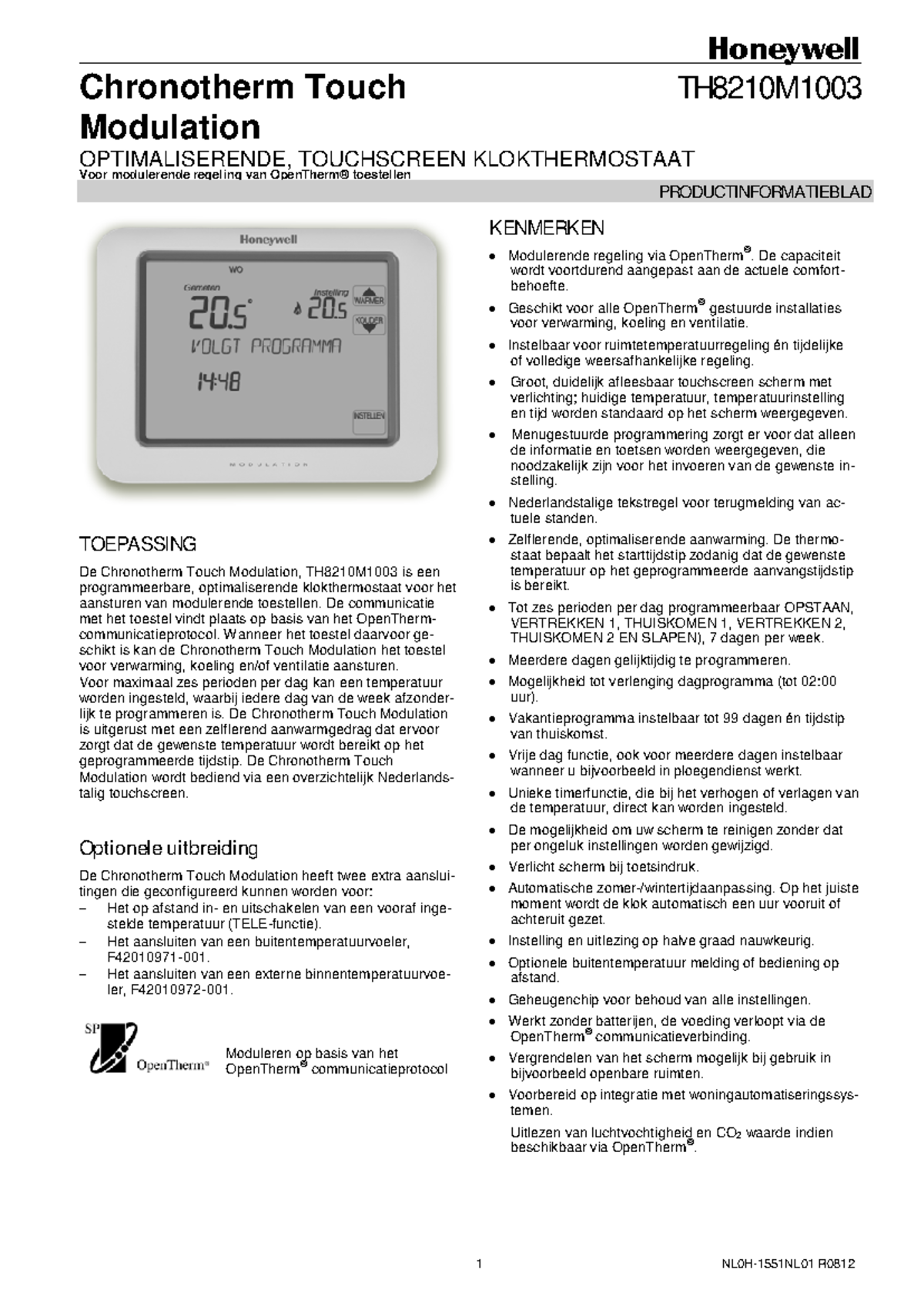 Honeywell TH8210M1003 Chronotherm Touch Modulation Handleiding - Studocu